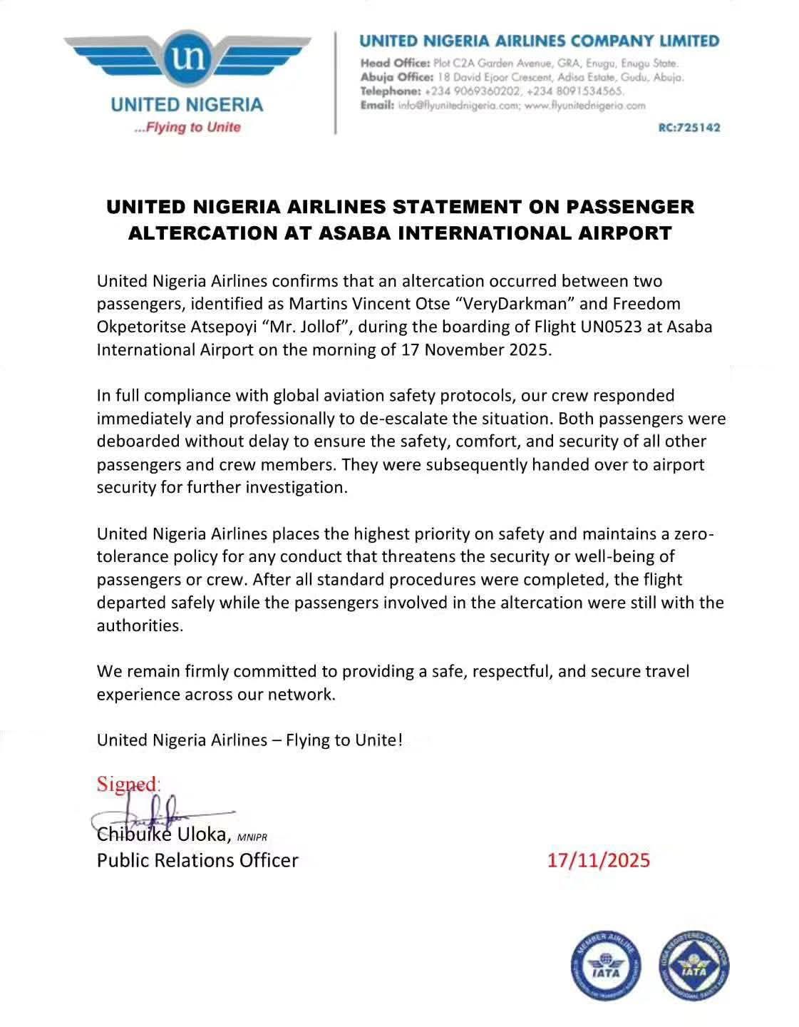 United Nigeria Airlines Confirms Removal of VDM and Mr Jollof After On-Board Fight – NEWS LEVERAGE
