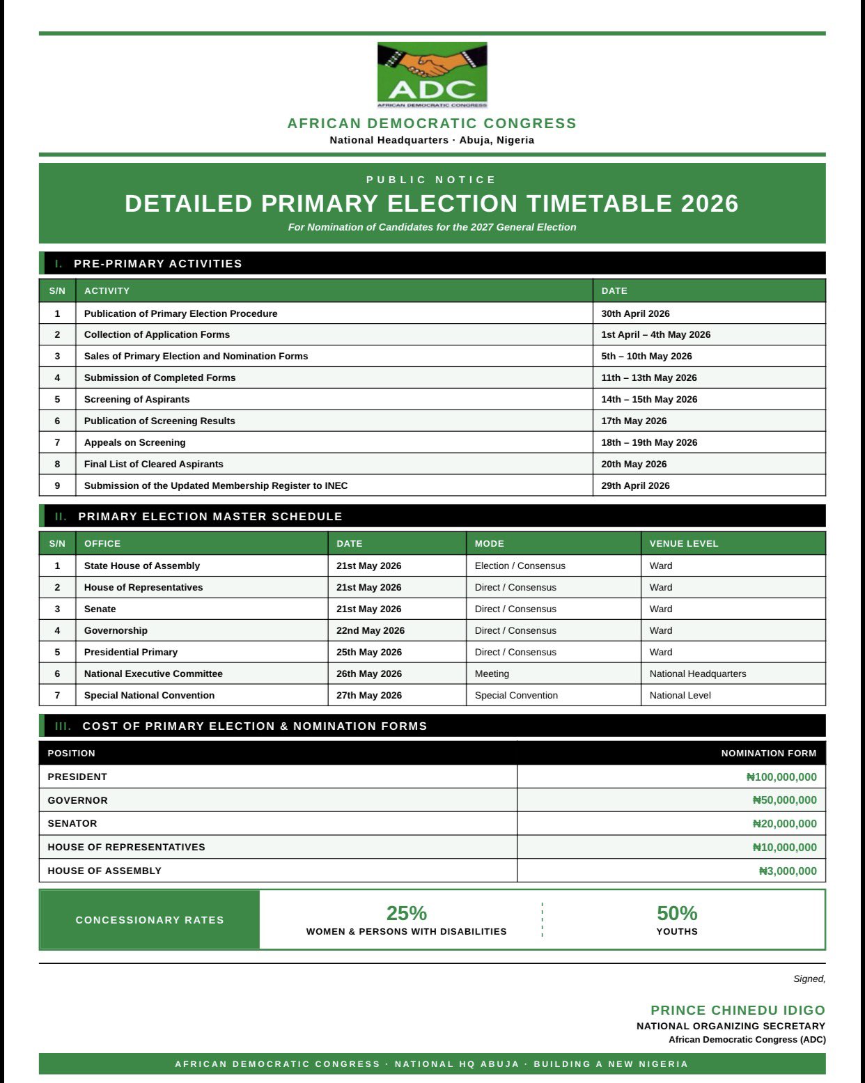 ADC Releases 2026 Primary Election Timetable, Fixes Presidential Form ...